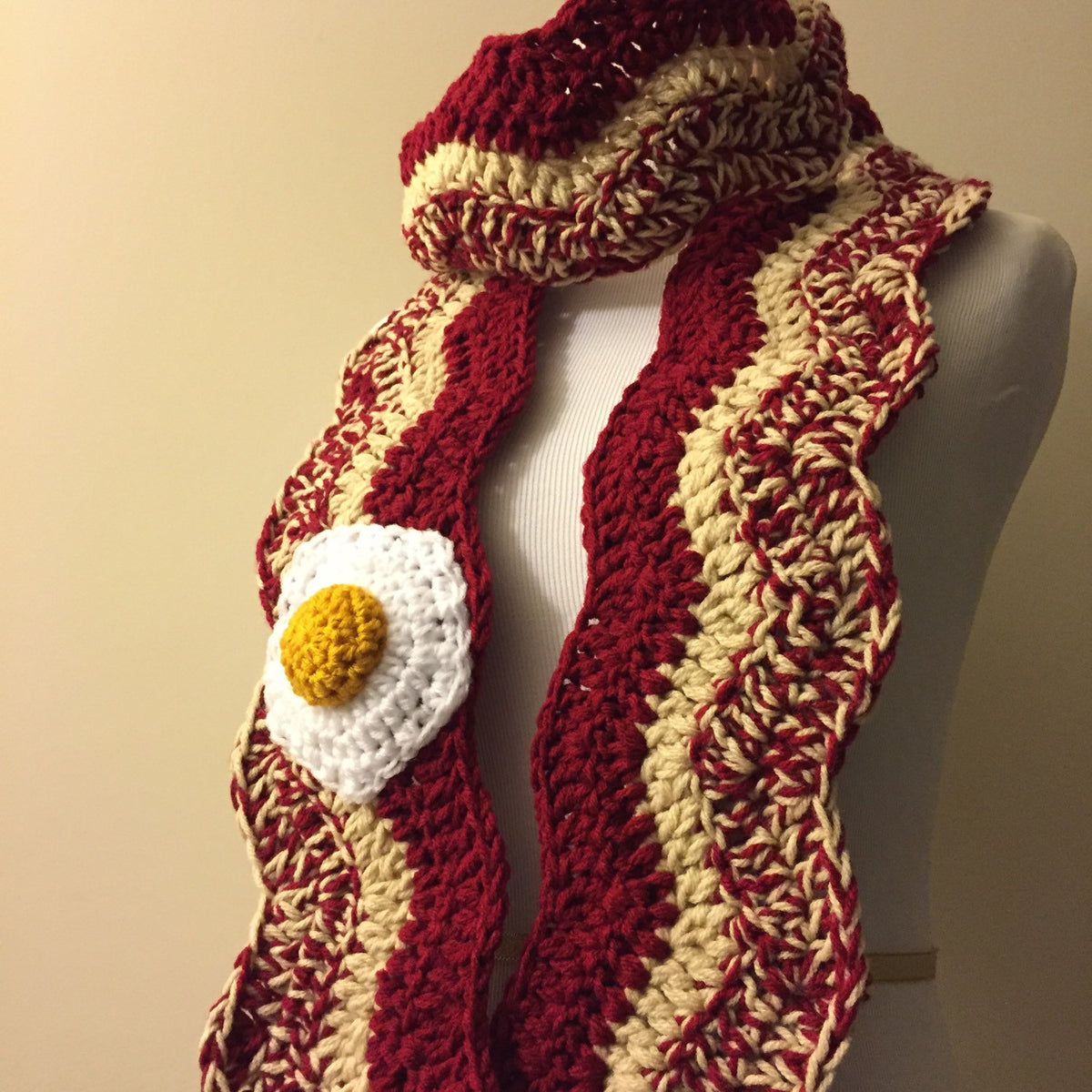 Bacon and eggs crochet scarf, food scarf, handmade, unique gift idea ...