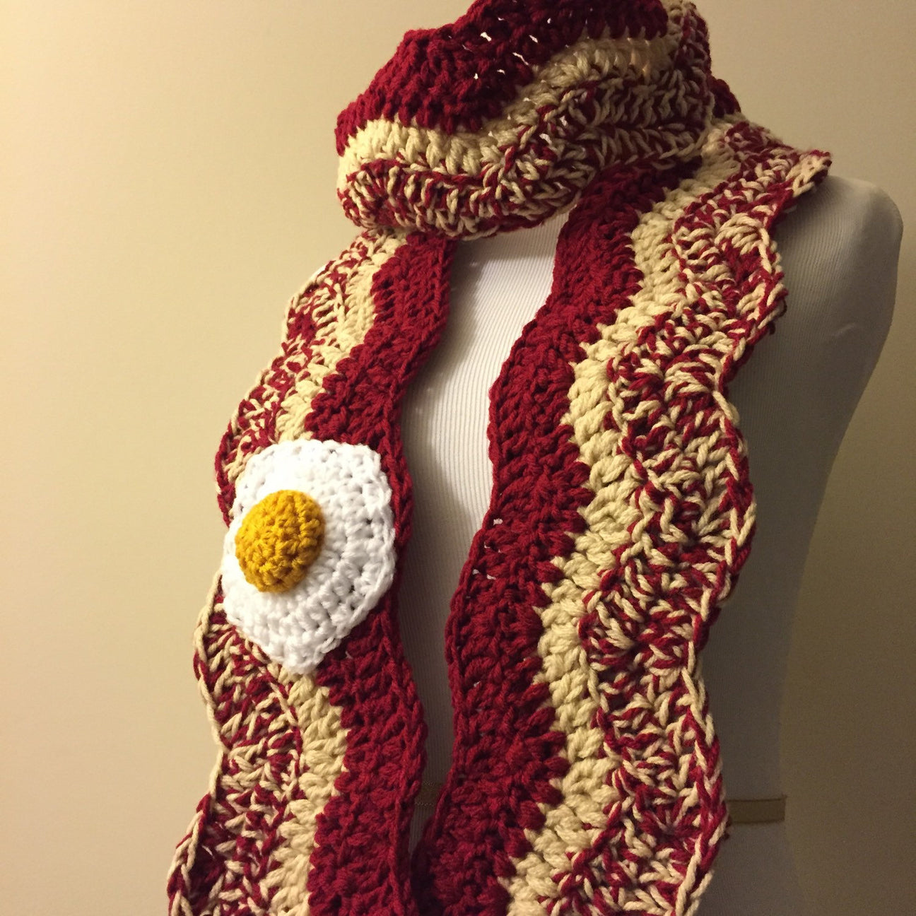 Bacon and eggs crochet scarf, food scarf, handmade, unique gift idea ...