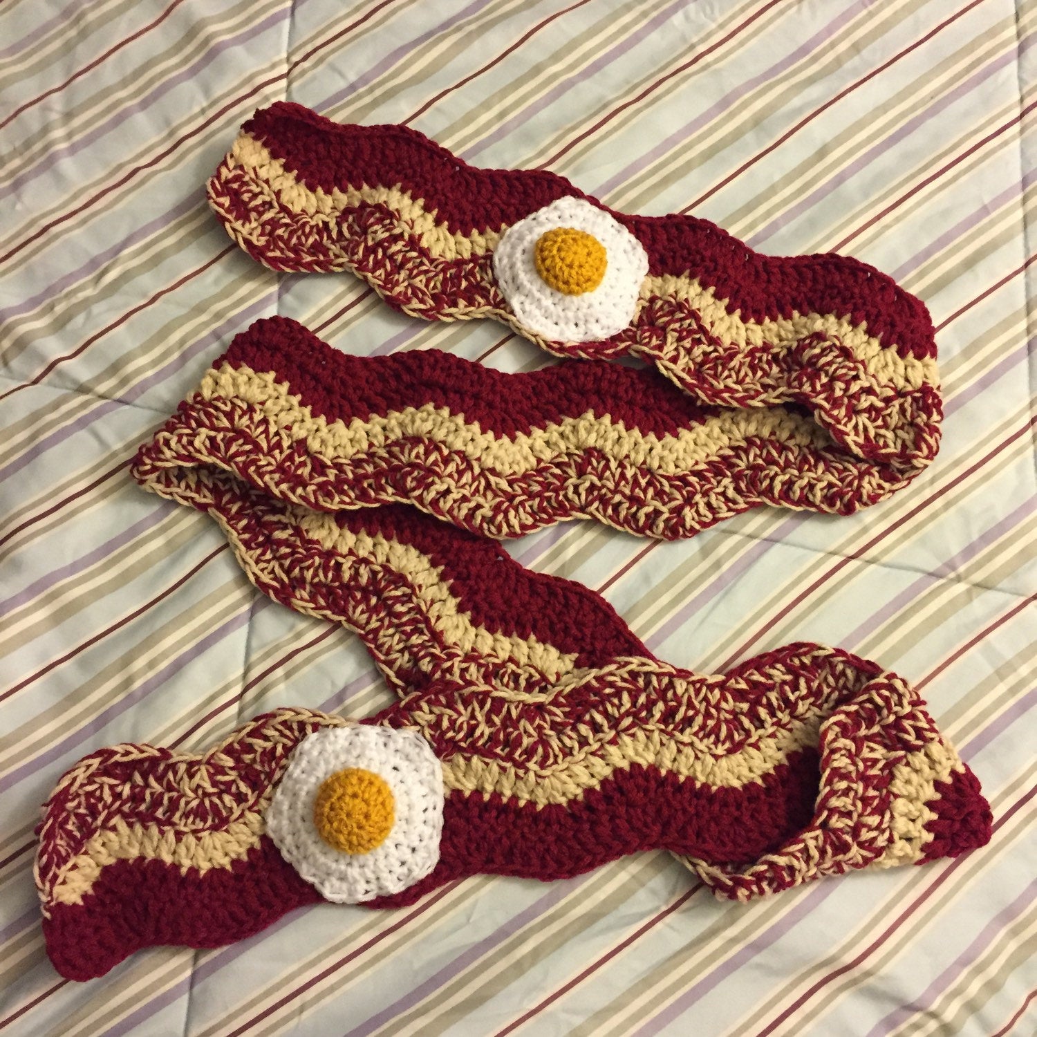 Bacon and eggs crochet scarf, food scarf, handmade, unique gift idea ...